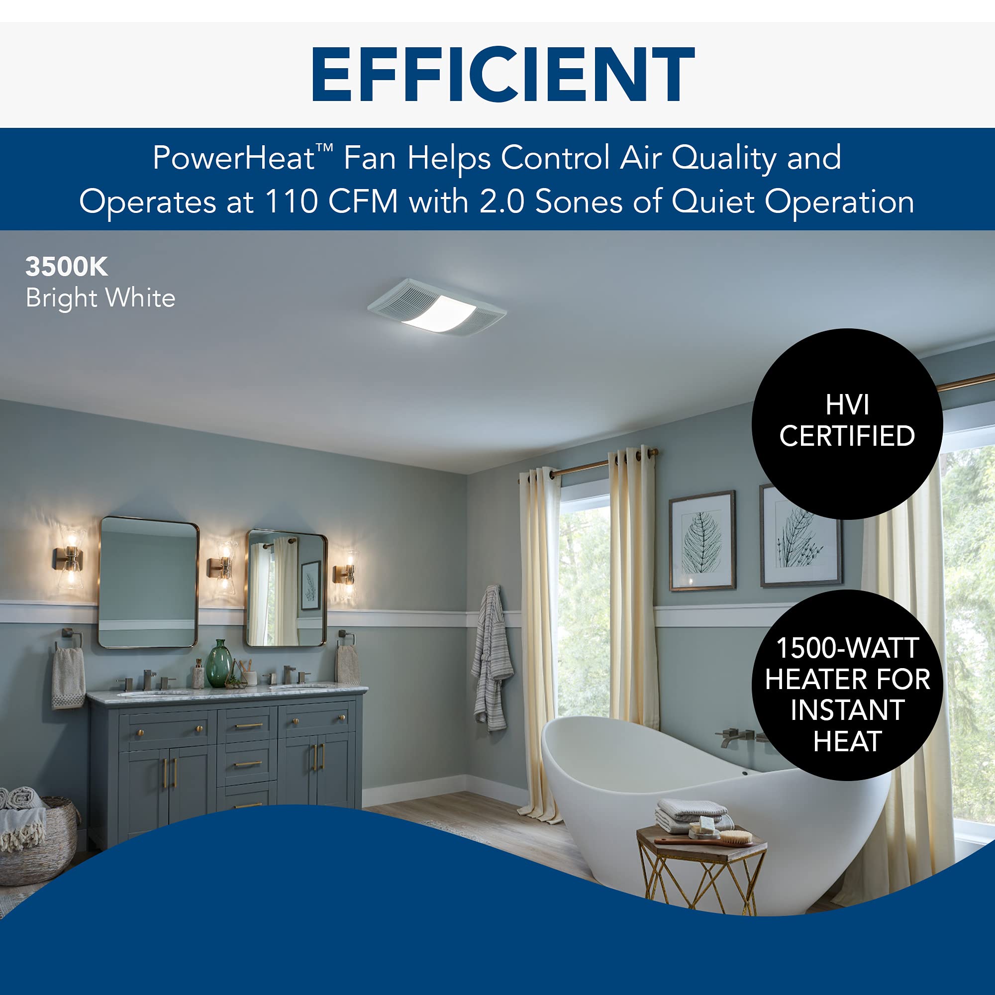 Broan-NuTone BHFLED110 PowerHeat Bathroom Exhaust Fan, Heater, and LED Light Combination, 110 CFM