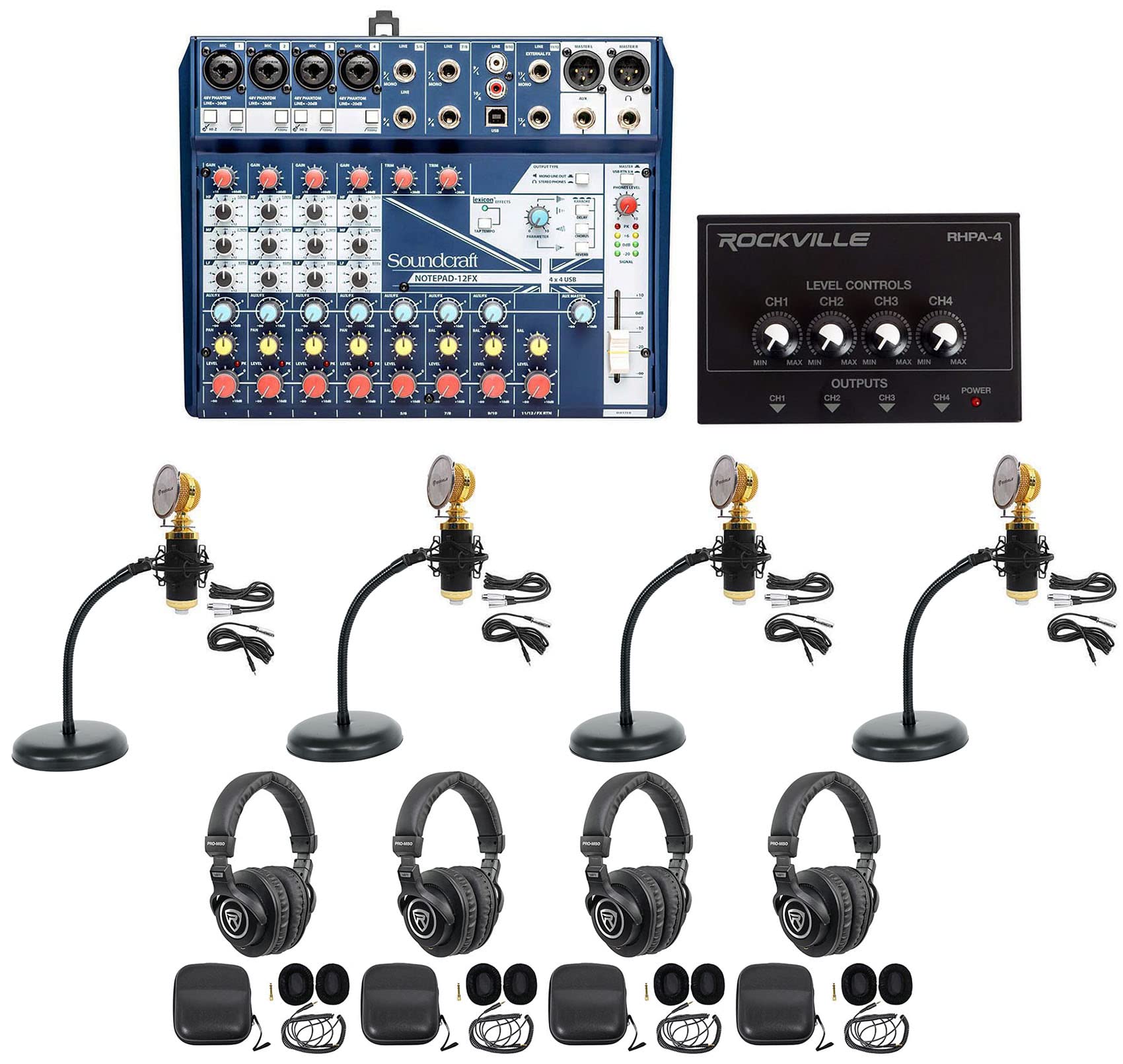 Soundcraft Notepad-12FX Mixer w/USB Interface Bundle with PRO-M50 Headphones w/Coil Cable, RCM02 Recording Mic+Shock Mount, RDMS6 Desktop Mic Stand+ Base and RHPA4 Headphone Amp Stereo (14 Items)