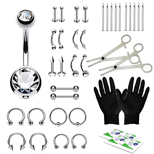 BodyJ4You 36PC PRO Piercing Kit Surgical Steel 14G 16G Belly Ring Tongue Nipple Nose Jewelry