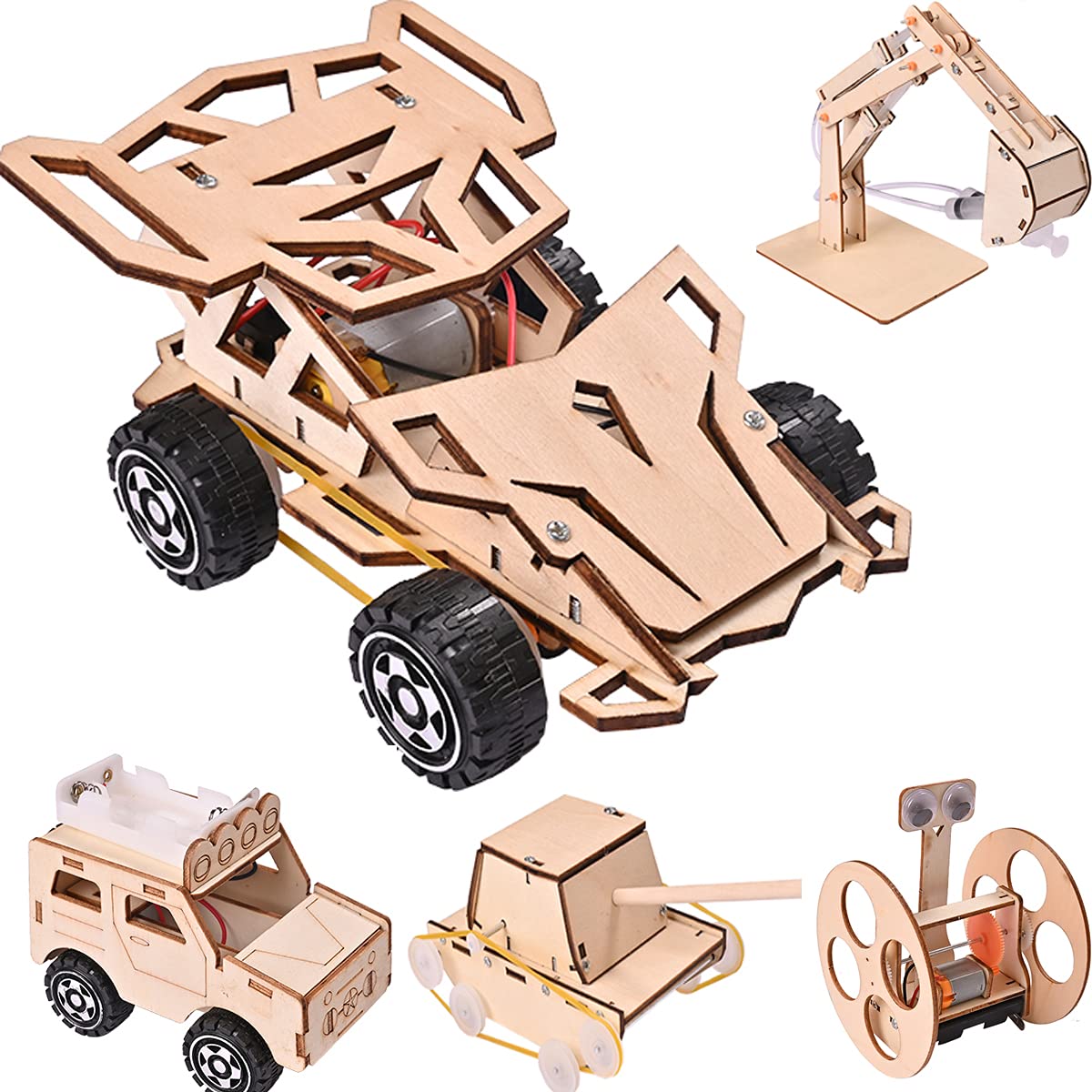 MONT PLEASANT 5 Set STEM Kit 3D Wooden Puzzles Building Assembly Kits Model Cars Science Experiment Projects for Kids DIY STEM Toys Educational Mechanical Construction Engineering Set for Boys Girls