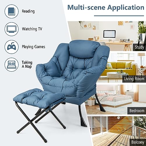 Giantex Lazy Chair with Ottoman, Accent Sofa Chair with Folding Footrest, Side Storage Pocket, Upholstered Leisure Lounge Armchair with Stool for Bedroom, Living Room, Office, Blue