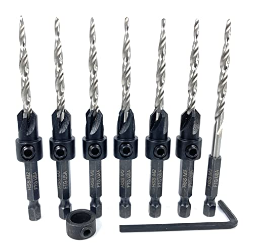 FTG USA Countersink Drill Bit Set 6 Pc #8 (11/64") with 13 Pc Replacement Countersink Drill Bit #8 (11/64") Pro Pack Countersink Set, Tapered Countersink Bit, 1 Stop Collar, 2 Hex Wrench