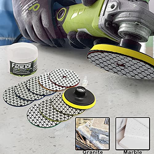 FACHLICH Dry Diamond Polishing Pads 10pcs/kit 4" Mixed Grits for Granite Marble Quartz Stone Countertop Sanding Grinder or Polisher Pads