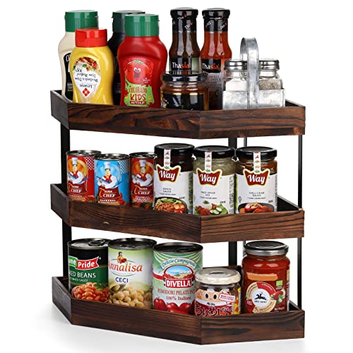 Elsjoy Countertop Wood Corner Shelf, 3-Tier Cabinet Wooden Corner Shelf Kitchen Counter Organizer Shelf, Cabinet Corner Rack for Pantry, Kitchen Storage