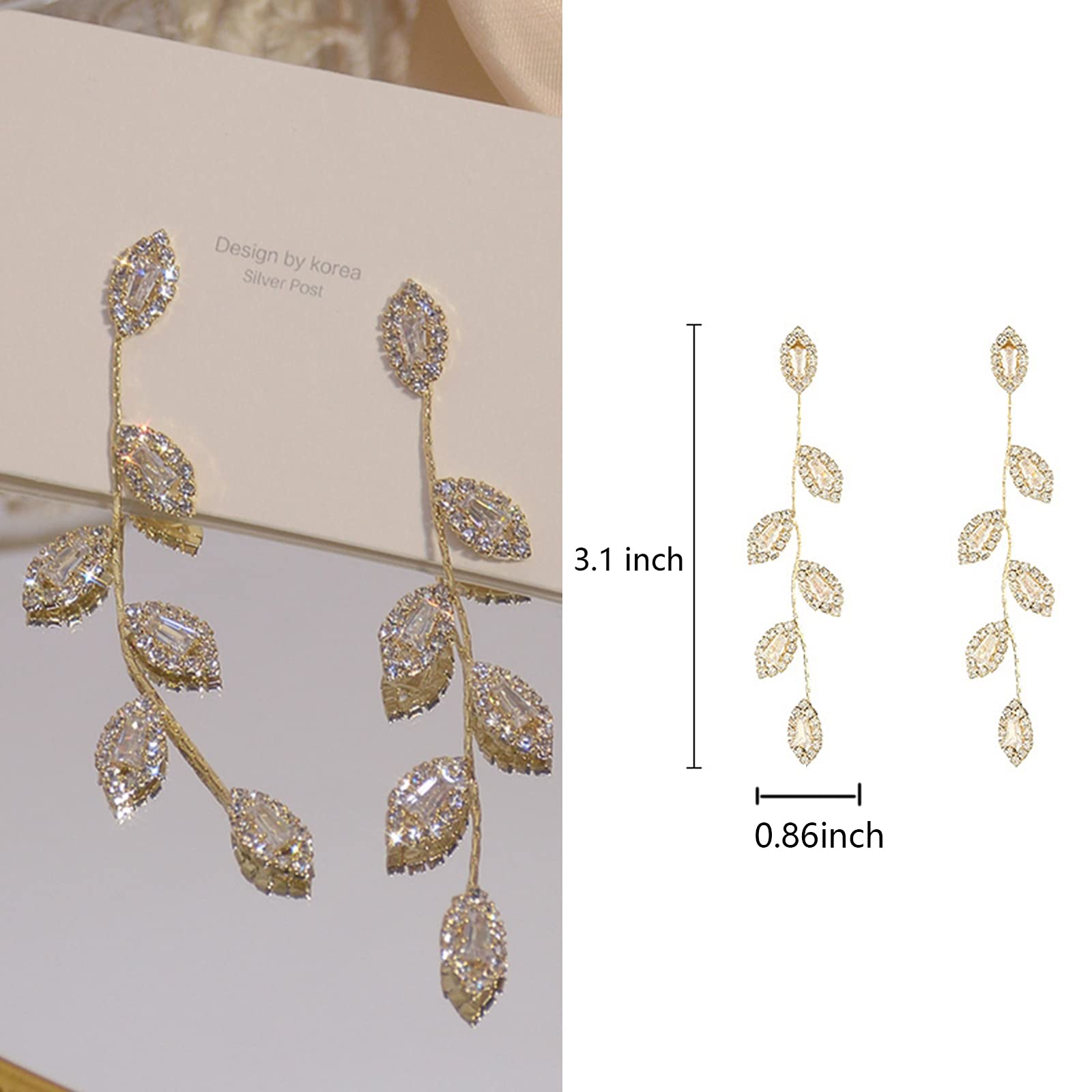 Bridal Earrings for Wedding Rhinestone Dangle Earrings Leaf Earrings Long Earrings Elegant for Women