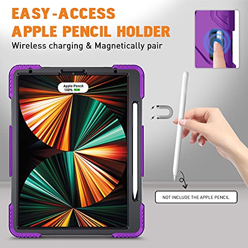 GROLEOA for iPad Pro 12.9 Inch Case 2022/2021 (6th 5th Generation): Military Grade Full-Body Protective Cover Case for iPad Pro 12.9 6th/5th Gen - Rotating Stand - Hand/Shoulder Strap, Purple