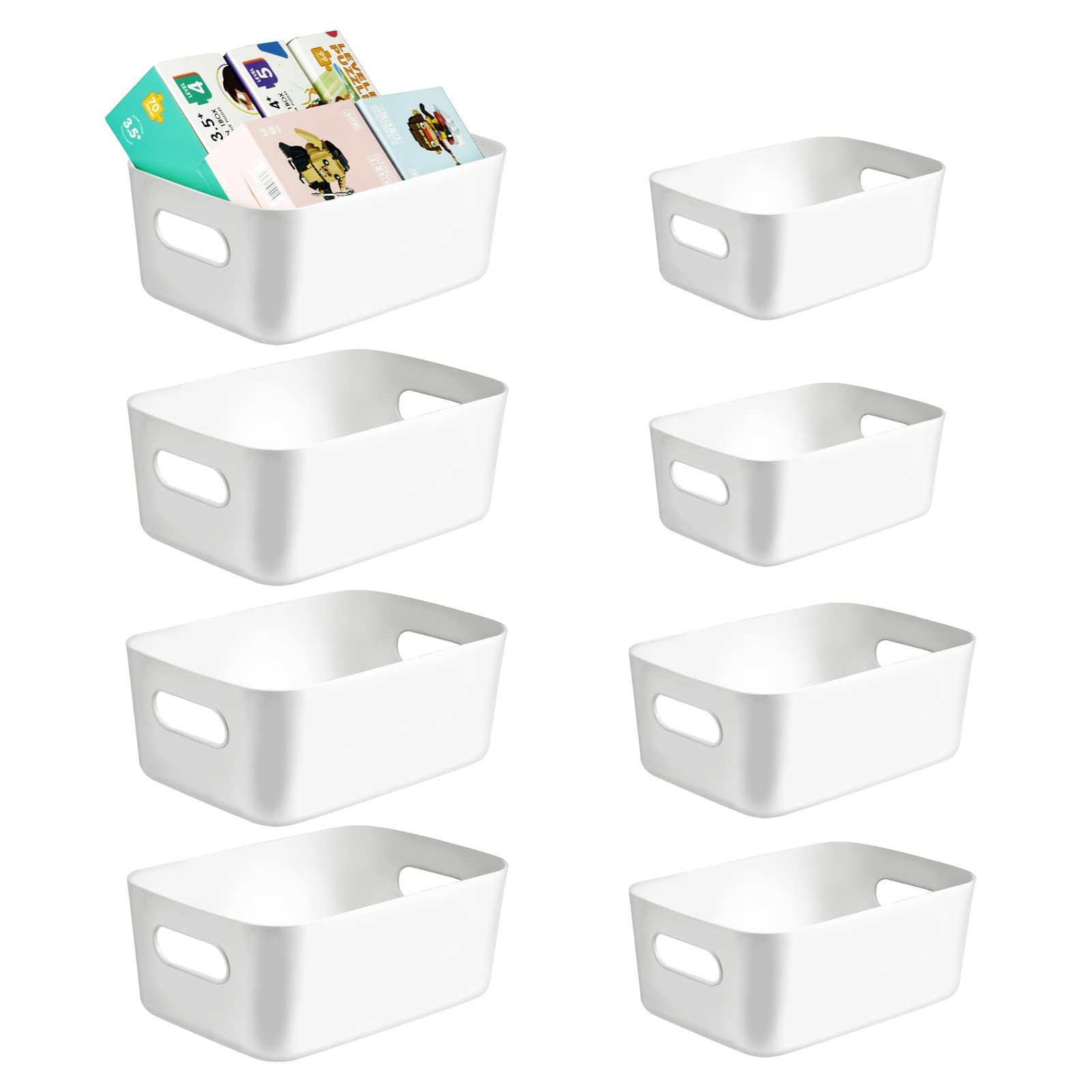 eastbao 8-pack White Plastic Storage Basket,Bins for Organization and Storage for Versatile Home Edit Containers,11 inch Cube Storage Boxes for Office Kitchen Bathroom (3size small Medium large)