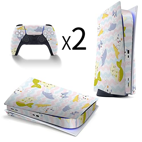 Cute Animal Mermaid Full Protective Skin Cover Design Wrap Decal Sticker Compatible with PS5 Disk Version Console and Controller