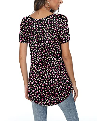Netsmile Womens Summer Casual Short Sleeve Shirt for Leggings Pleated Button Up Tunic Top Loose Blouse, 2XL, Little Flower Black