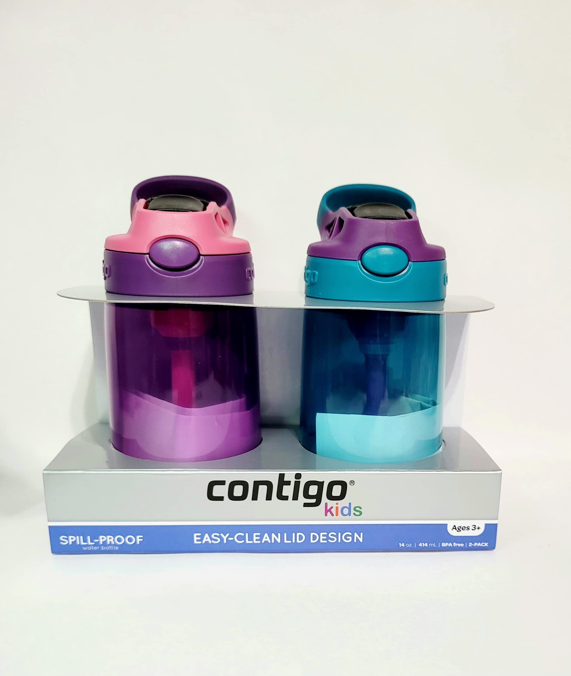 Contigo Kids Water Bottle, 14 oz with Autospout Technology – Spill Proof, Easy-Clean Lid Design – Ages 3 Plus, Top Rack Dishwasher Safe,2-PK Purple, Pink, Blue