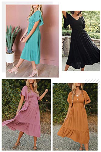 Kranda Women Short Flutter Sleeve V Neck Smocked Solid Pleat Midi Dress Pumkin Spice M