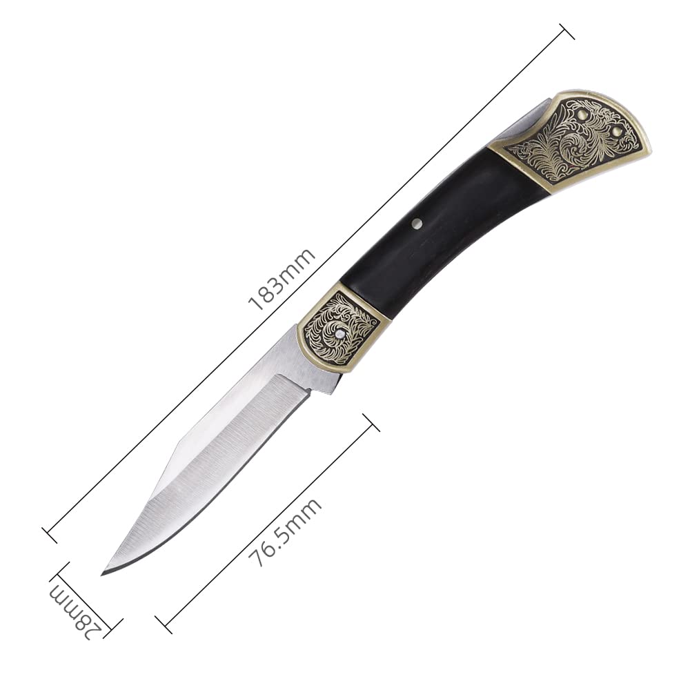 FU-GLBY Embossing Bolster Pocket Folding knife Wood handle EDC Knives Tools (black)