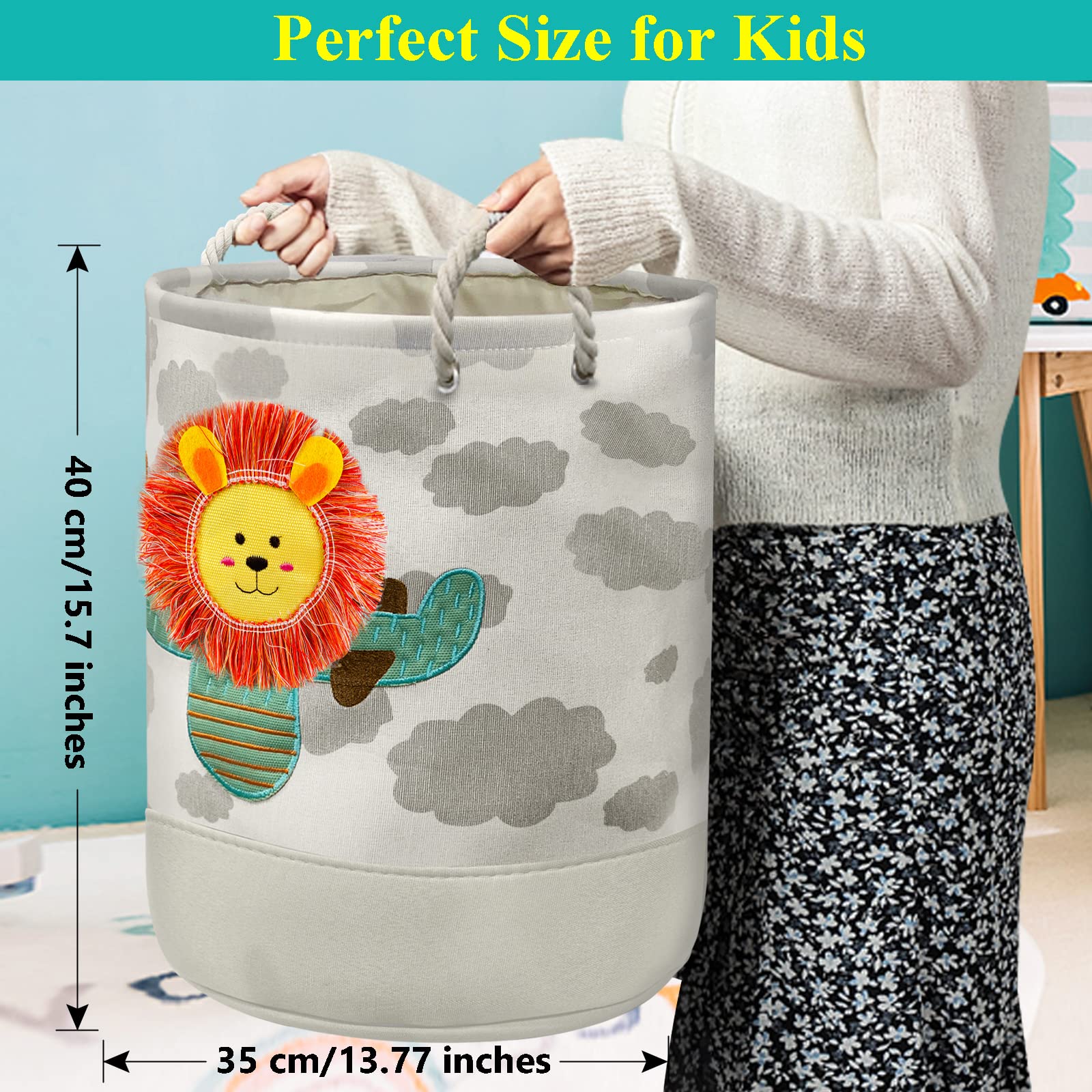 Cute Babys Laundry Basket - Kids Laundry Hamper for Boys, (Lion) Collapsible Thicken Durable Toys Organizer Storage Round Baskets and Nursery Bedroom Decor (Light Grey)