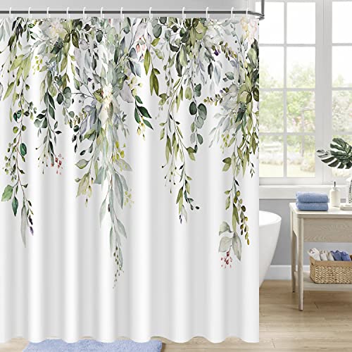 Nuseiis Sage Green Eucalyptus Shower Curtain, Watercolor Plant Leaves Shower Curtain with 12 Hooks, Decorative Botanical Shower Curtain 72 x 72 Inch