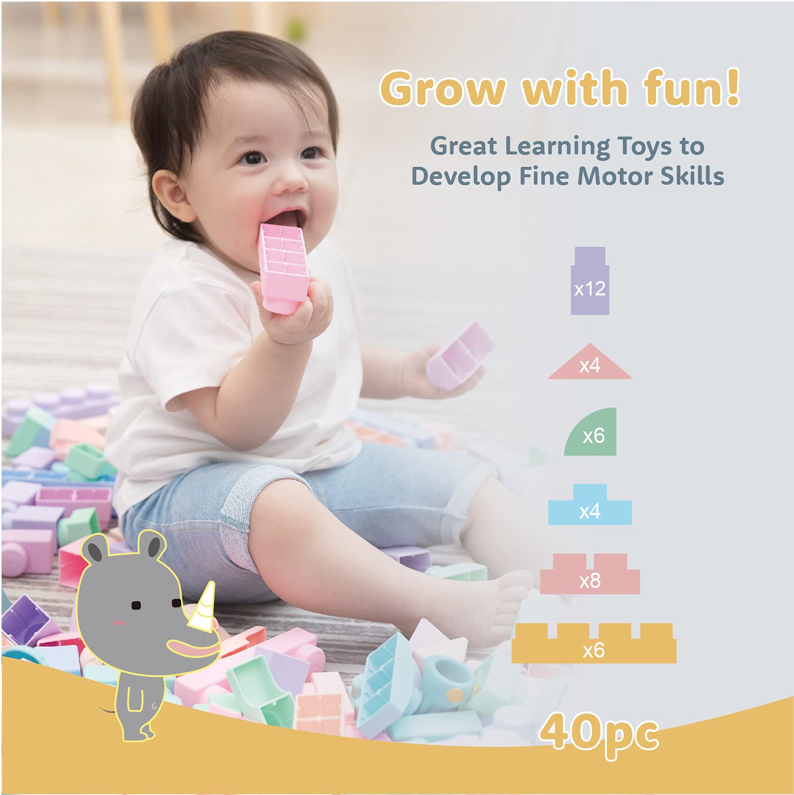 MOOMU Soft Building Blocks, Baby Ages 6 Month Old and up, STEM Montessori Preschool Learning Stacking Block Kit Educational Infant Safe Soft Blocks for Baby Toddlers 1-3 Years 40 PCs