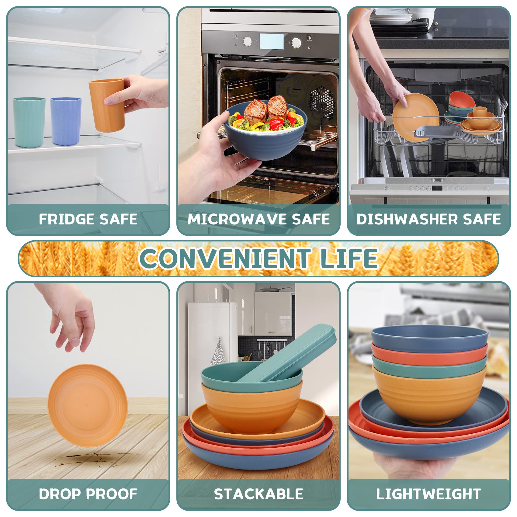 Beyoung Wheat Straw Dinnerware 6 Sets (54Pcs), Unbreakable MultiColor Eco Friendly Reusable Plates Bowls & Cups - Dishwasher, Microwave Safe, BPA free, Ideal for Family Dinner/Picnic/Camping