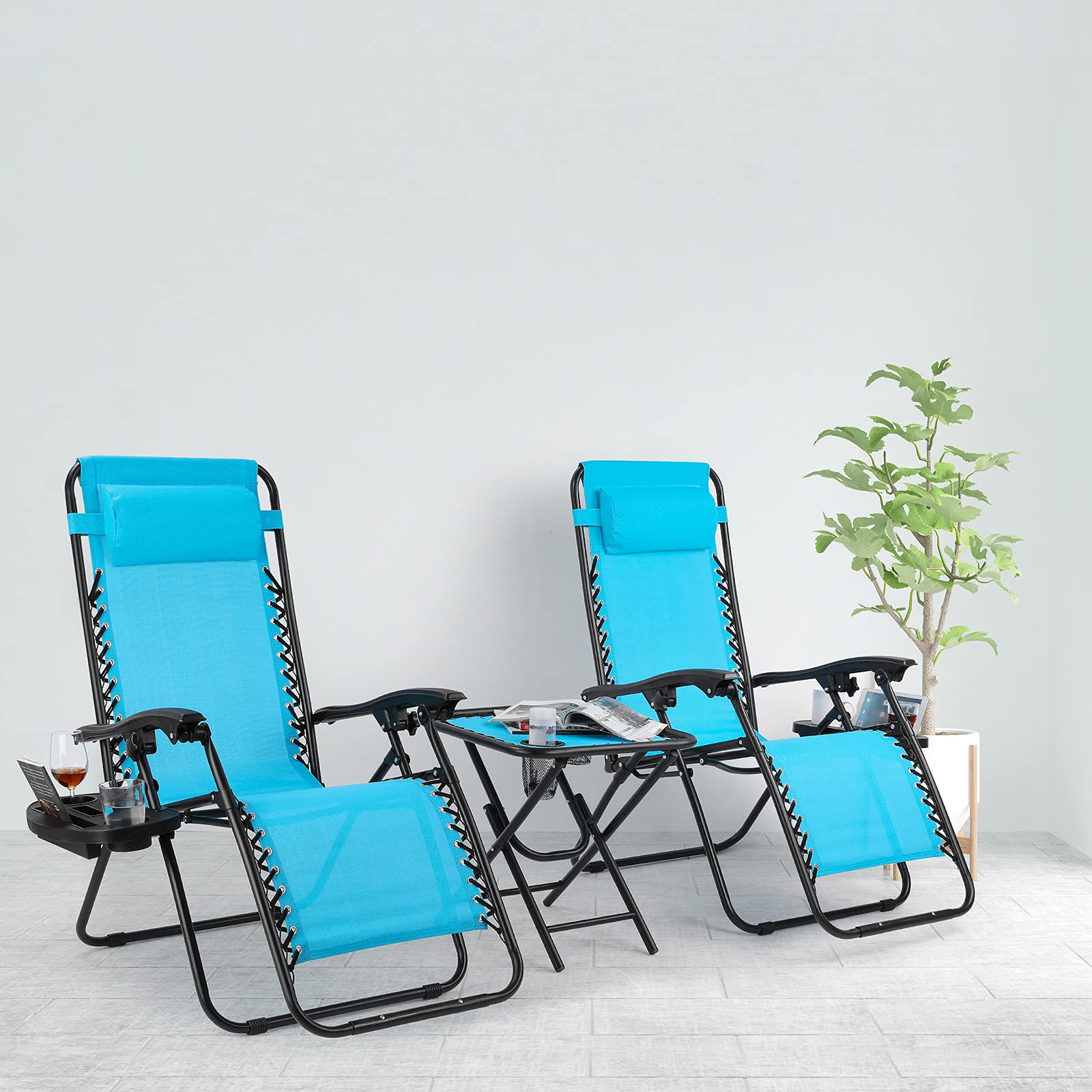 OKVAC Zero Gravity Chair Set of 2 with Side Table, Adjustable Foldable Patio Lounge Recliner w/Pillow&Cup Holder, for in/Outdoor, Poolside, Garden, Camping, Lawn, Yard, Beach, 310LBS Capacity