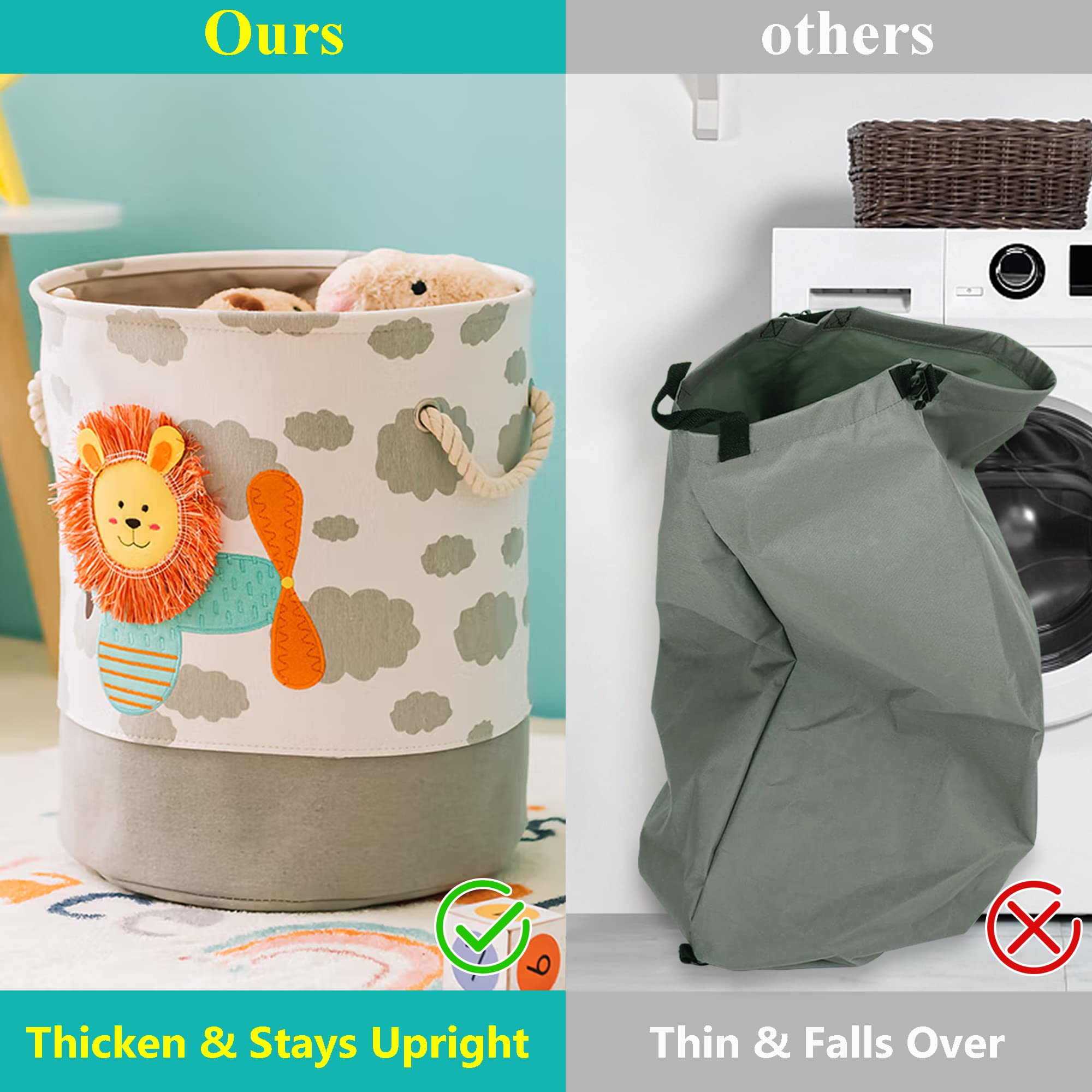 Cute Babys Laundry Basket - Kids Laundry Hamper for Boys, (Lion) Collapsible Thicken Durable Toys Organizer Storage Round Baskets and Nursery Bedroom Decor (Light Grey)