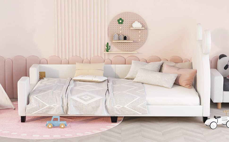 Harper & Bright Designs Twin Size Upholstered Daybed with Carton Ears Shaped Headboard for Kids Boys Girls, White