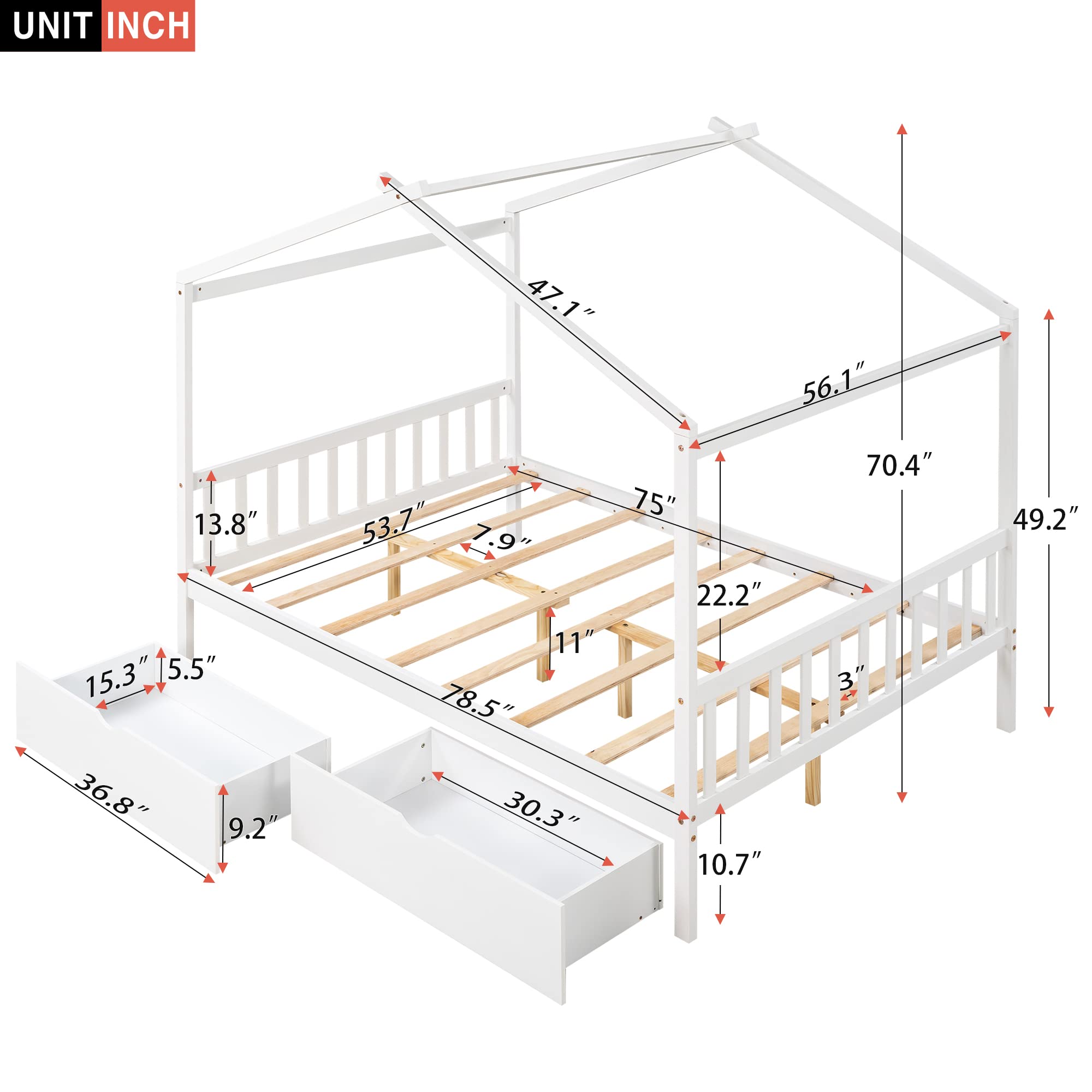 Full House Bed for Kids, Wooden Full Size Platform Bed Frame with 2 Storage Drawers, Headboard and Footboard, Montessori Bed, Full Storage Bed for Kids, Girls & Boys, No Box Spring Needed,White