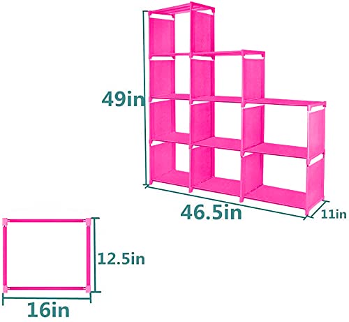 OPPSDECOR 9-Cubes Bookshelf, 4 Tier Shelf Adjustable DIY Bookcases for Kid, Book Shelf Organizing Storage Shelving Cabinet for Bedroom Living Room Office (Pink)