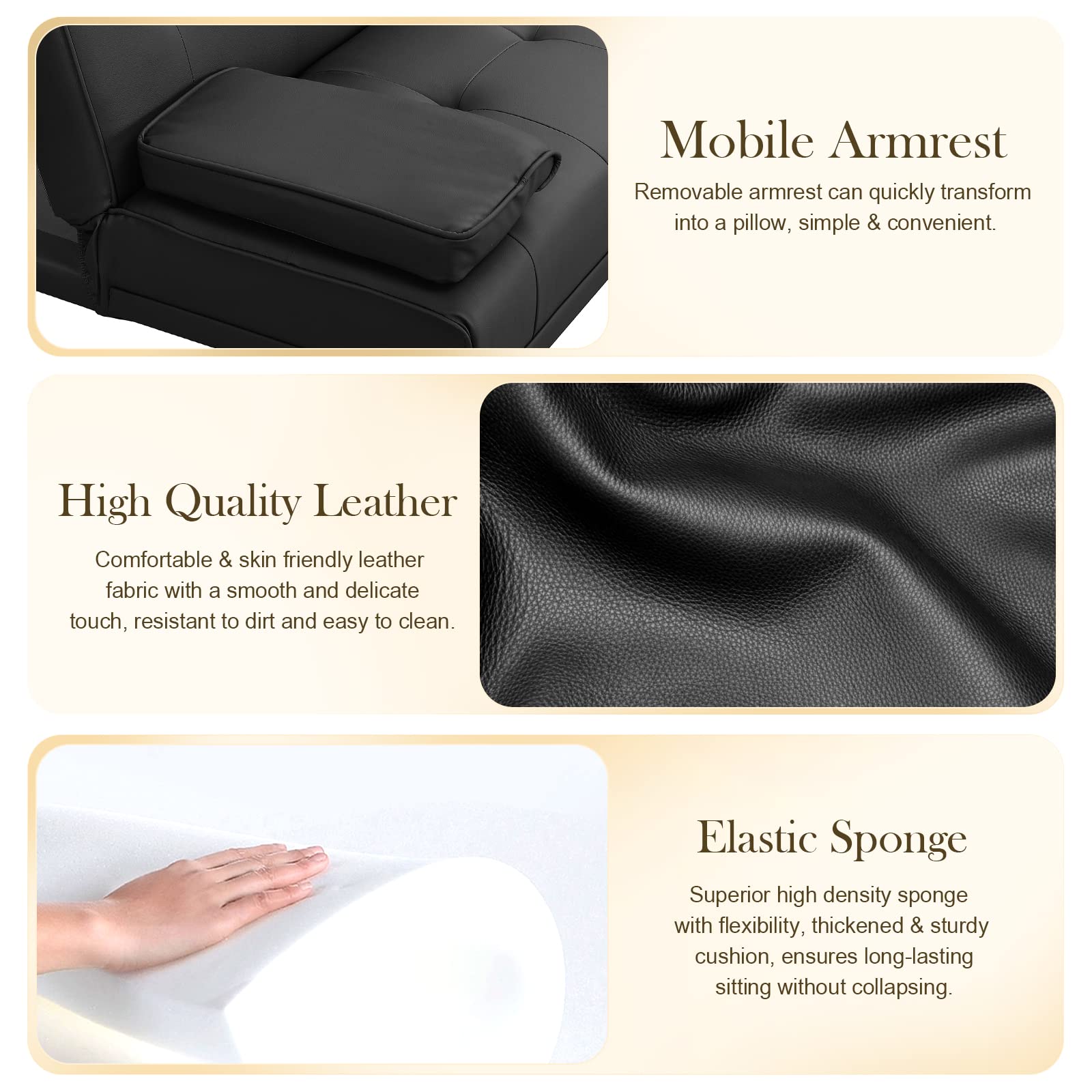 GEEVIVO Futon Sofa Bed, Modern Leather Living Room Sofa, Loveseat Folding Convertible Sofa, Couch Bed Sofa Pull Out with 2 Cup Holders with Armrest in The Middle(Black)