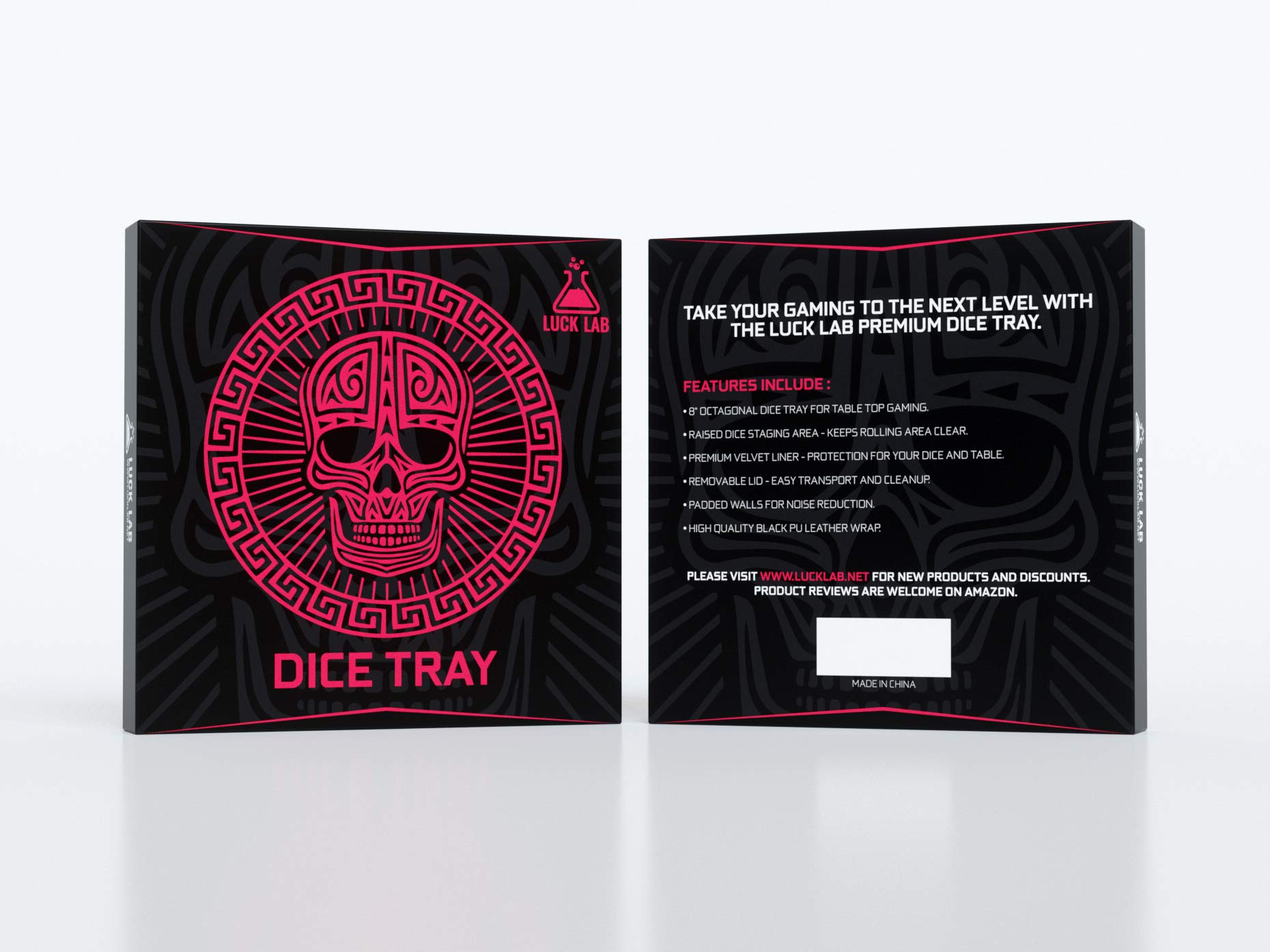 Luck Lab 8 Inch Dice Tray with Lid and Dice Staging Area for Table Top Gaming - Red Tribal Skull Design