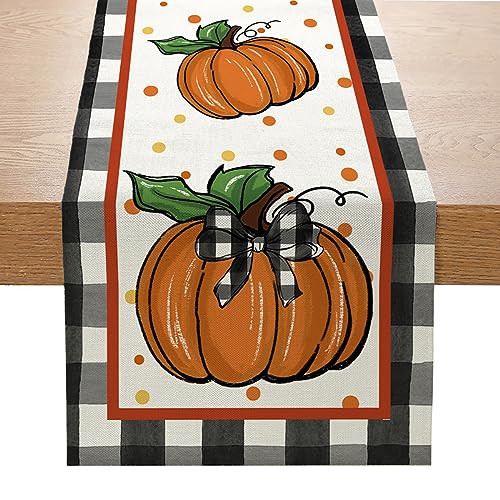 JRONGHE Fall Thanksgiving Buffalo Plaid Pumpkins Table Runner 13x72 Inches, Seasonal Fall Harvest Vintage Kitchen Dining Table Decoration for Indoor Outdoor Home Party Decor