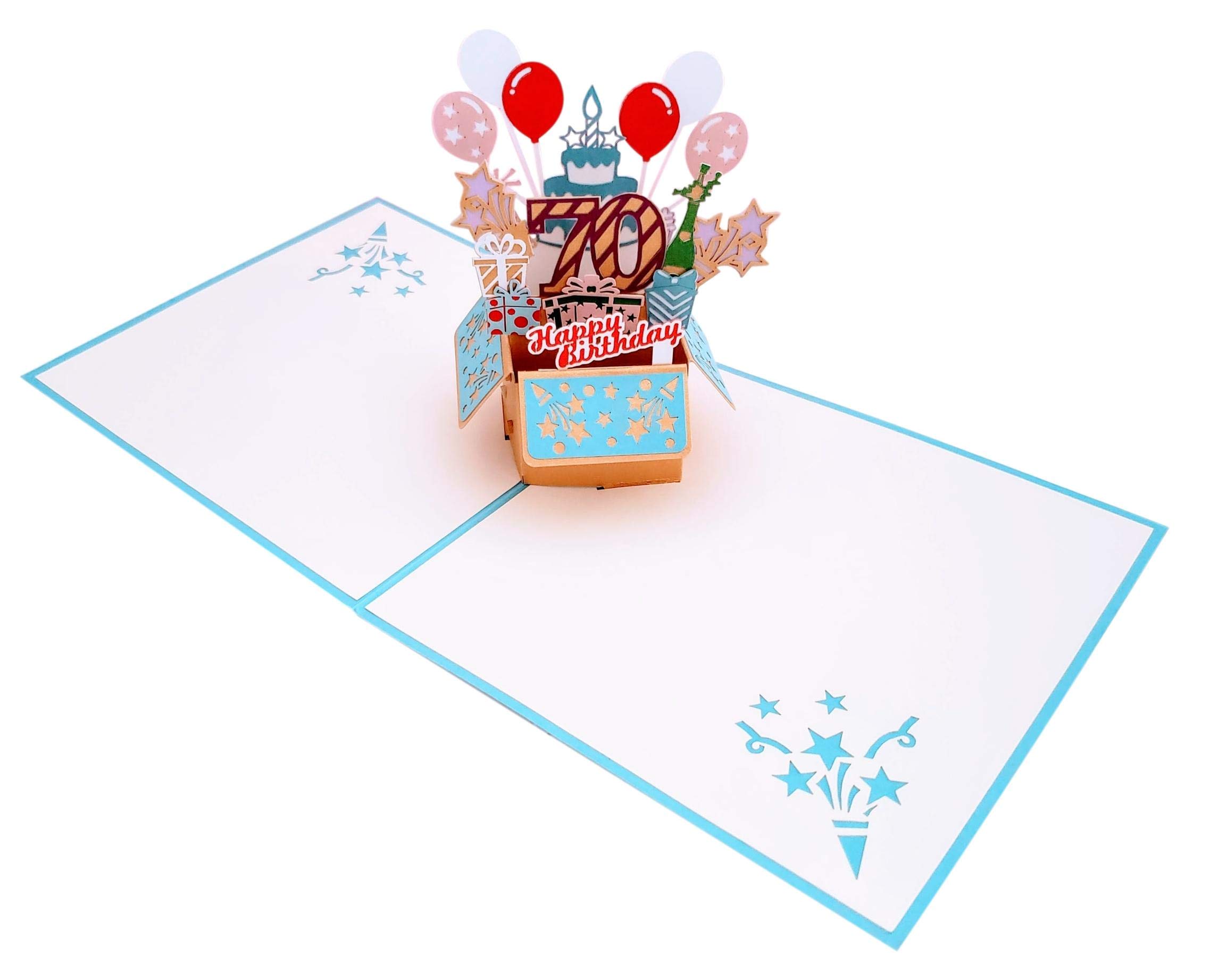 iGifts And Cards Happy 70th Blue Birthday Party Box 3D Pop Up Greeting Card – Seventy, Awesome, Balloons, Unique, Celebration, Feliz Cumpleaños, Fun, Festive