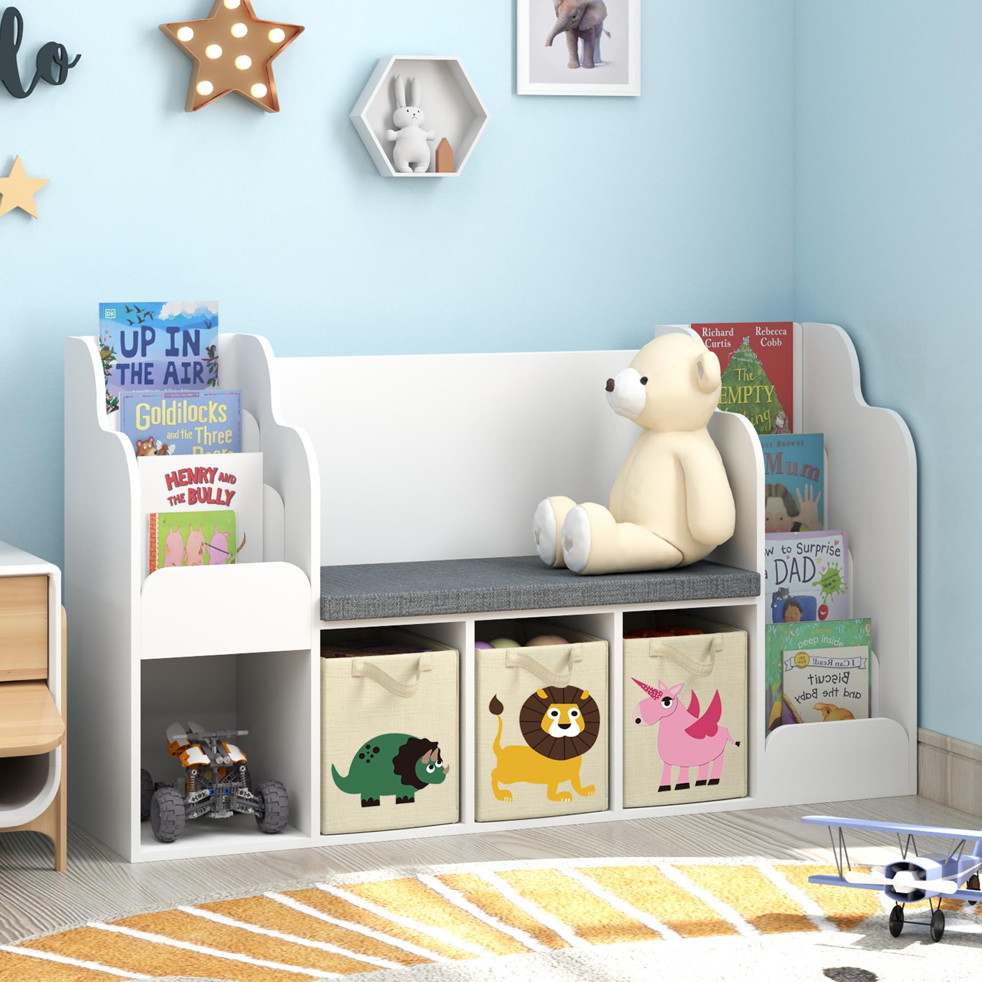 Jiansu furni,Kids Bookshelf with Reading Nook,Toy Storage Organizer with Seat Cushion,Kids Reading Nook with Bench for Playroom,Bedroom and Living Room,White