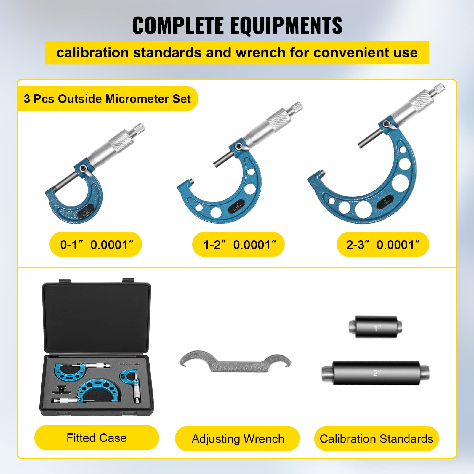 VEVOR Outside Micrometer Set, 0-3" Machinist Micrometer, 0.0001" Graduation Micrometer Set, 3 Pcs Machinist Tool Set, Alloy Precision Micrometer, Laser-Etched Micrometer Standard Set with Fitted Case
