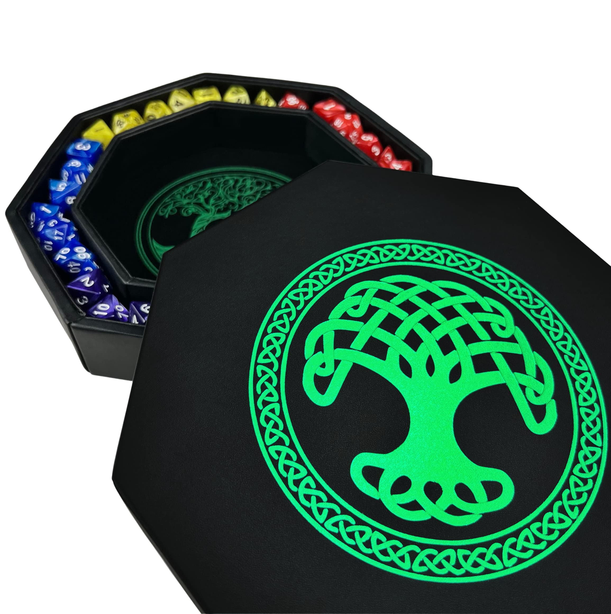 Luck Lab 8 Inch Dice Tray – Green - with Lid and Dice Staging Area for RPG Table Top Gaming- Tree of Life Design