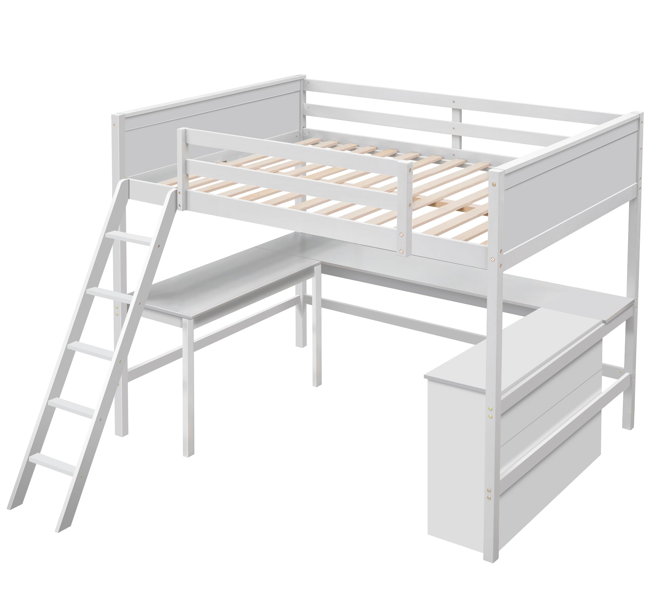 Full Loft Bed with Desk Underneath, Storage Shelves and 2 Drawers, Solid Wood Full Size Loft Bed Frame with Guardrails & Ladder for Girls Boys Junior Adults, Space-Saving, White