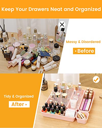 Famhap 16 PCS Pink Desk Drawer Organizers, Versatile Bathroom and Vanity Drawer Organizer Trays, Storage Bins for Makeup, Bedroom, Kitchen Gadgets Utensils and Office (Pink)