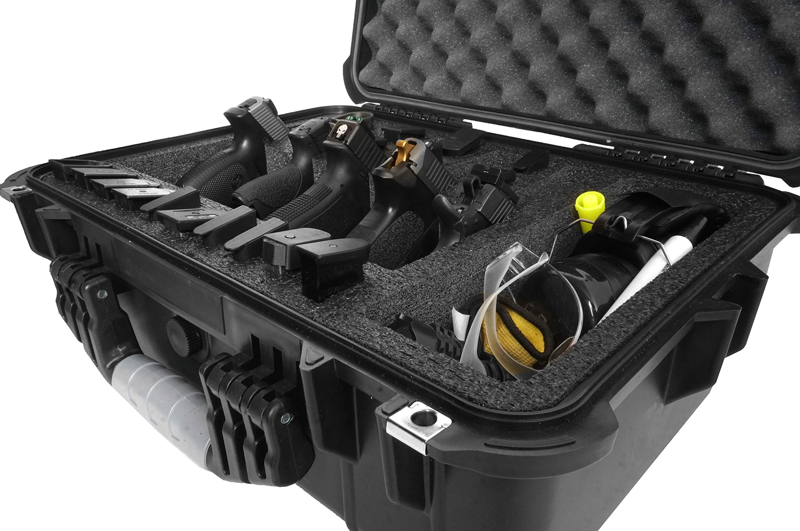Case Club 5 Pistol & (up to) 30 Magazine Case with Accessory Pocket and Emergency Light - Pre-Cut, Heavy Duty, Waterproof, with Silica Gel for Gun Rust Prevention (Upgraded Gen-2)