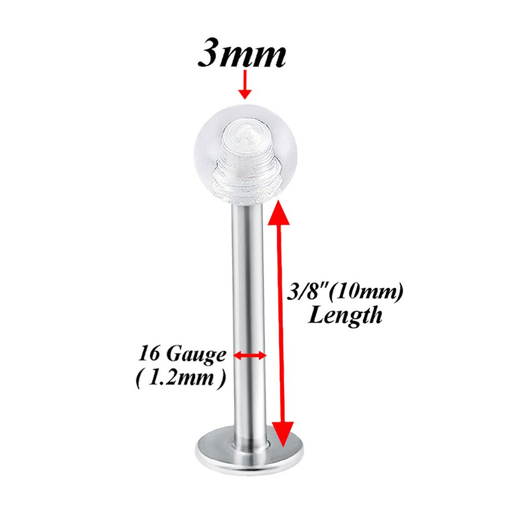 bodyjewellery 2pcs 16g Labret Lip Stud Monroe Cartilage Tragus Helix Earring Snake Bites Conch Spider Bites Piercing Clear Ball - 10mm