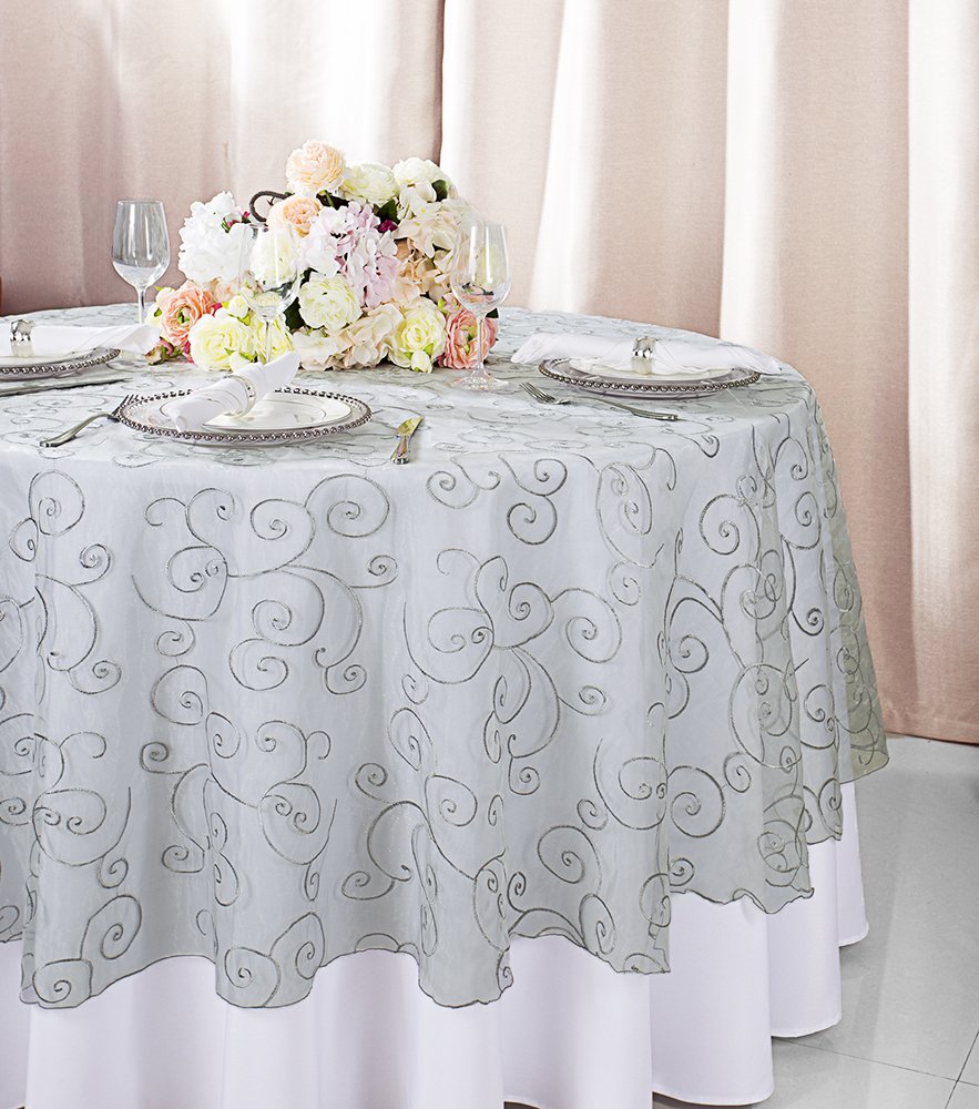Wedding Linens Inc. 90" Round Embroidered Organza Sheer Table Overlays Toppers Organza Tablecloths Table Covers Linens for Wedding Party Banquet Events - Silver/Gray