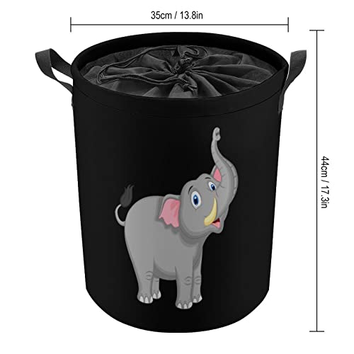 Cute Elephant Cartoon Laundry Basket Round Collapsible Storage Bin with Drawstring and Handle for Bedroom Bathroom Toys Room 17.3" X 13.8"