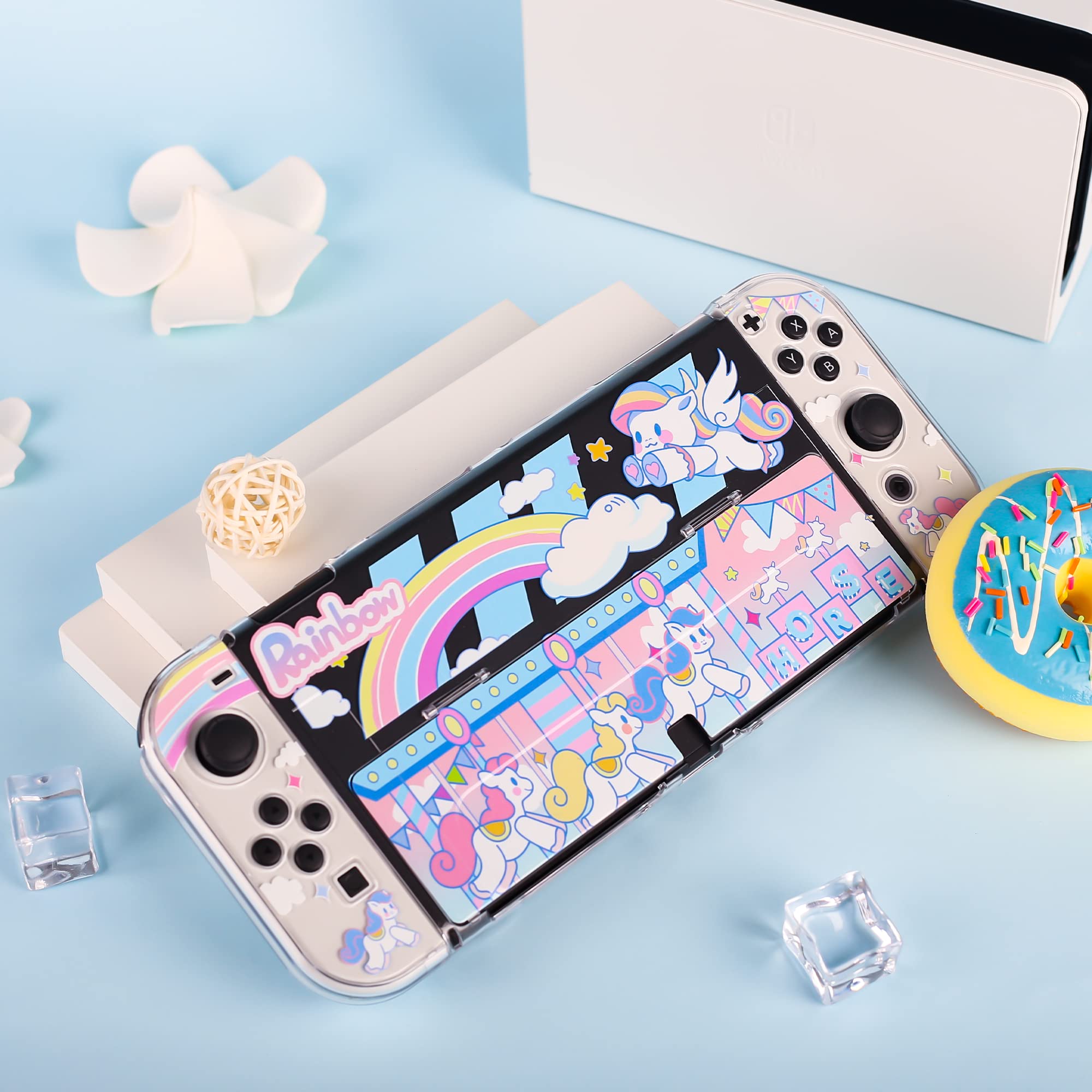 Cute Case for Nintendo Switch OLED, FANPL Cover Case with Rainbow Carousel Pattern Compatible with Switch OLED Console & Joycon, Hard PC Shell with Ergonomics Joycon Grip Case, Dockable Skin for Girls