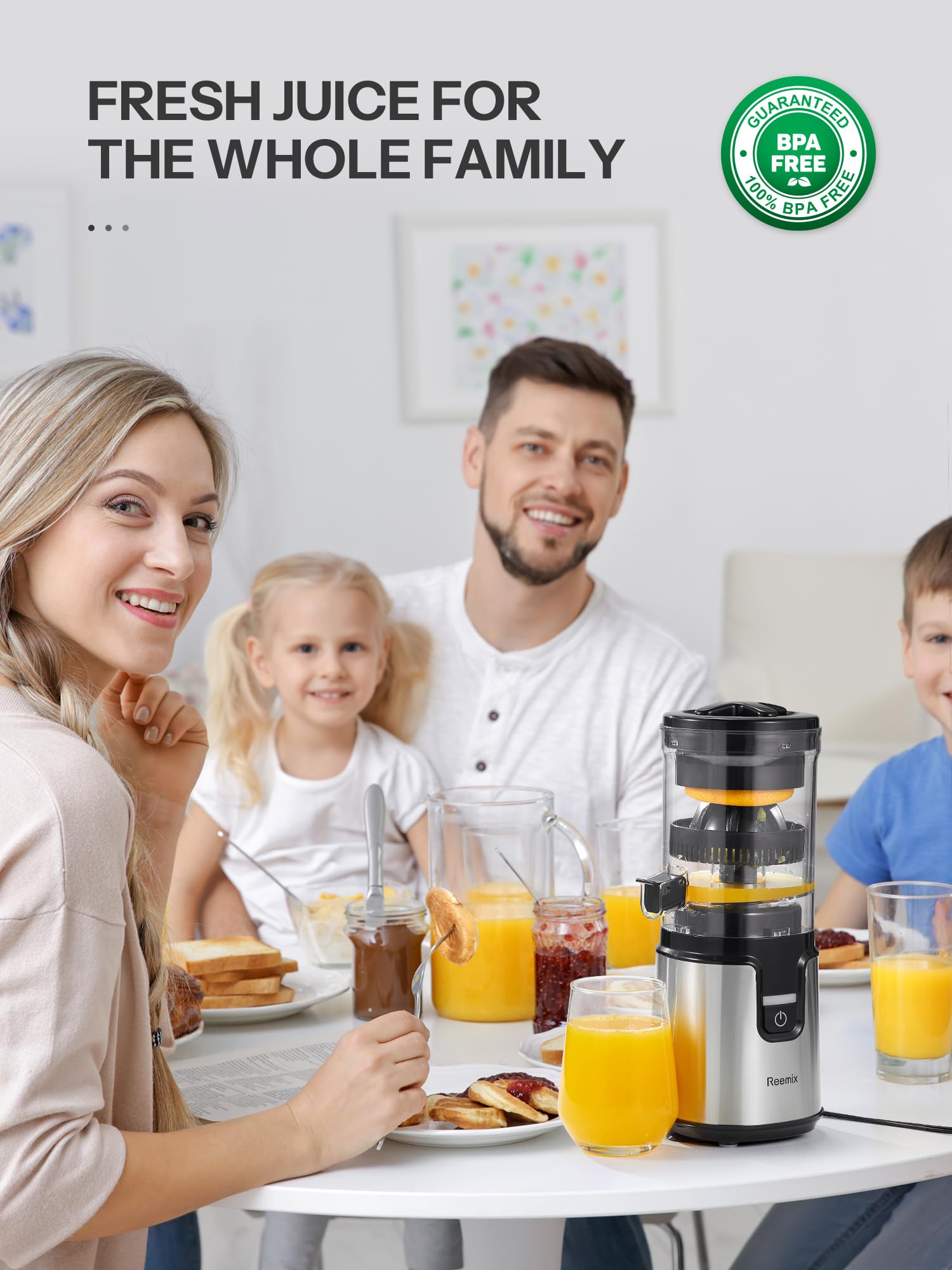Electric Citrus Juicer, Reemix Lemon Squeezer with Brushed Stainless Steel Body, Fully Automatic One-click Operation Orange Squeezer, Black+Silver