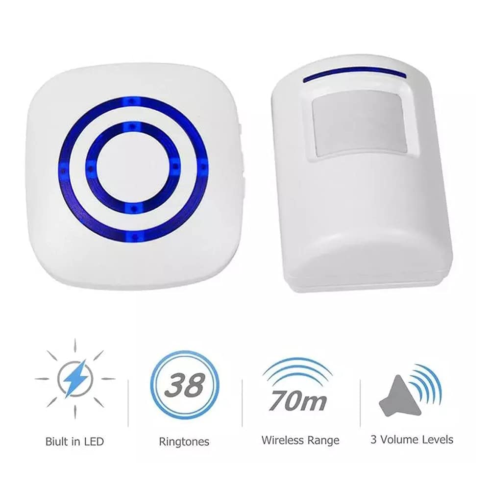 Wireless Home Security Driveway Alarm, Enegg Entry Alert, Visitor Door Bell Chime with 1 Plug-in Receiver and 2 PIR Motion Sensor Detector Alert System, Quality Sound and LED, 38 Melodies