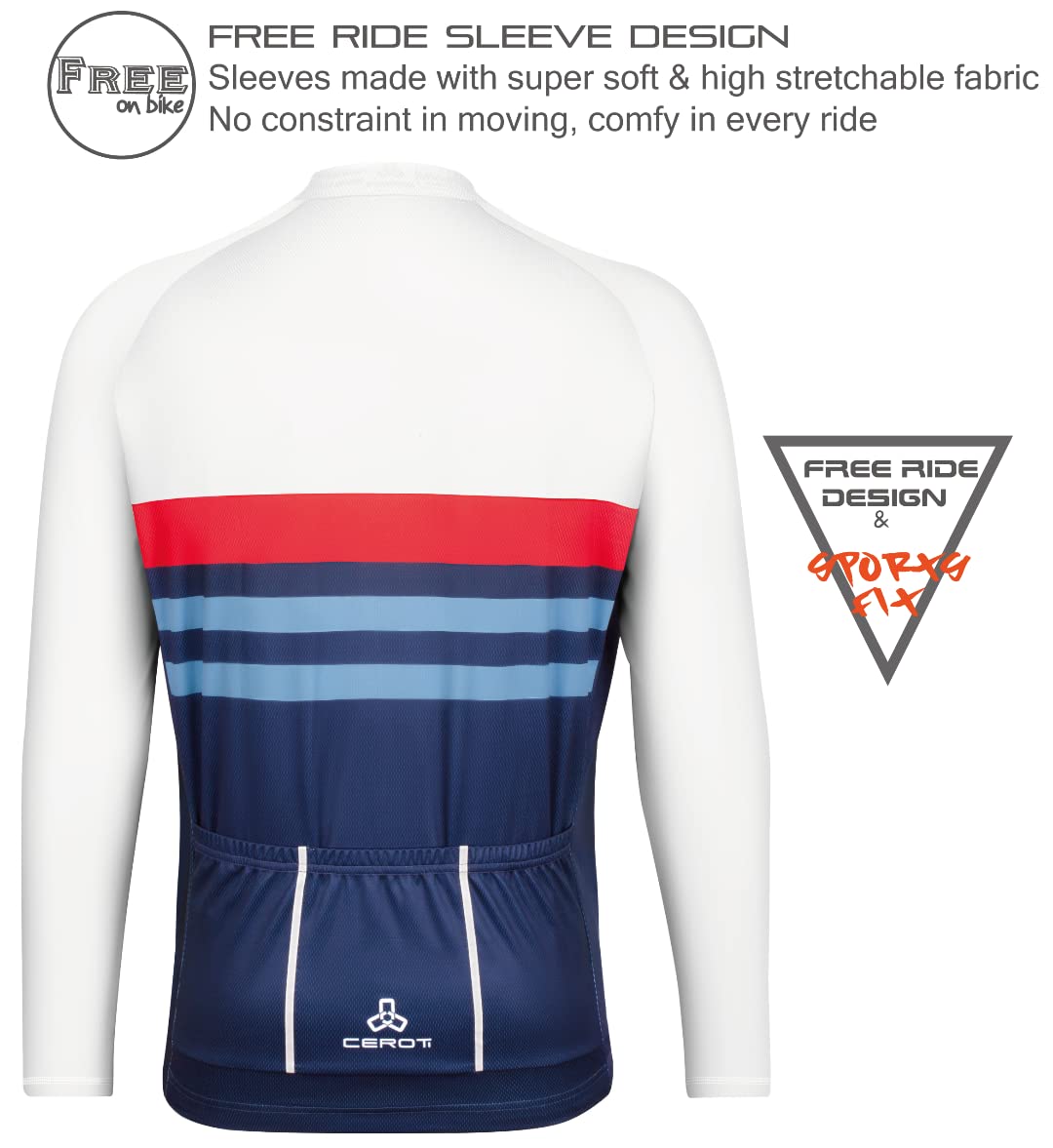 CEROTIPOLAR Mens Cycling Bike Jersey Long Sleeve for Spring-Fall, UPF50+ Moisture Wicking Fast Dry White/Navy Blue