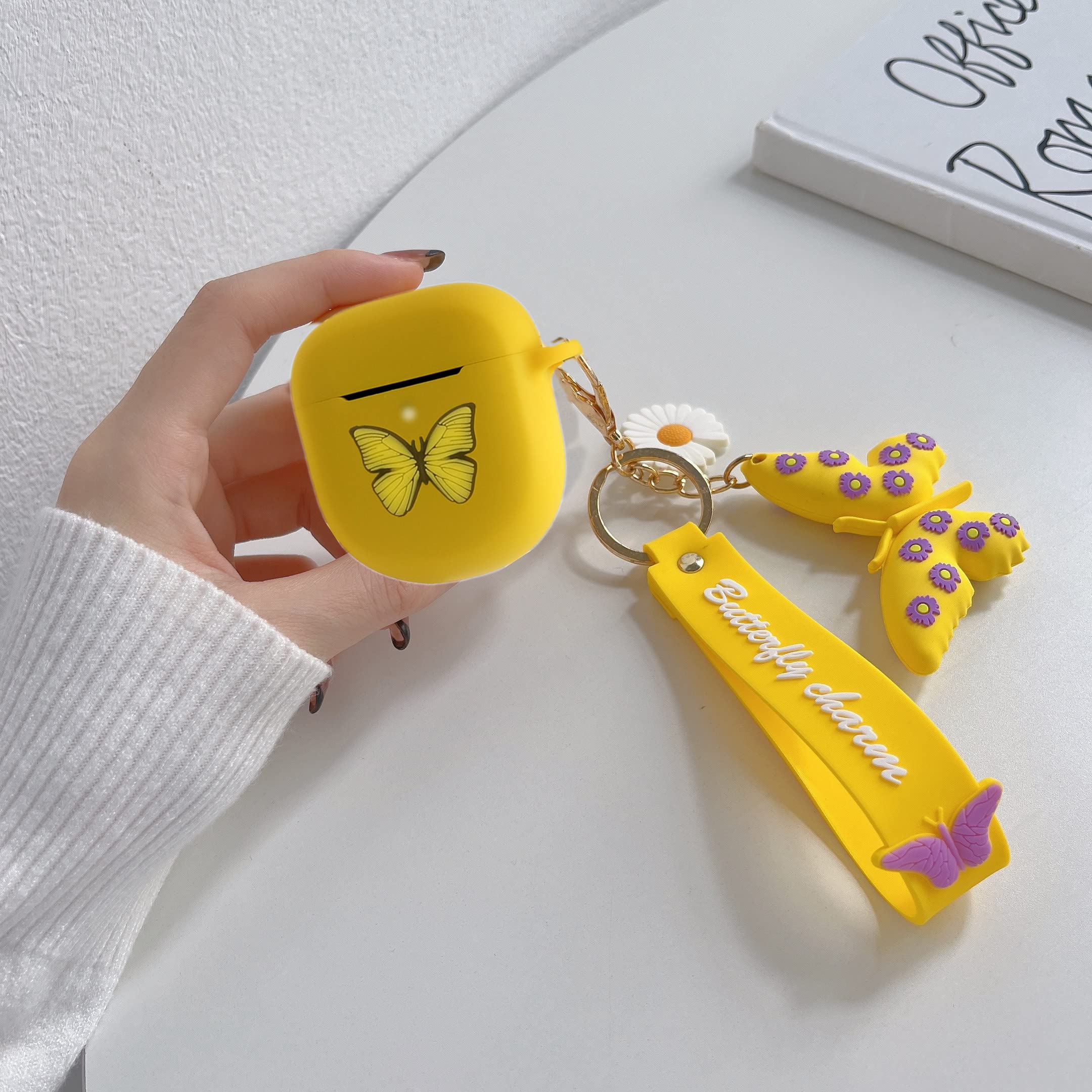 Case for Bose QuietComfort Earbuds II 2022, Cute Cartoon Butterfly Charm Soft Silicone Skin Women Girls Men Protective with Fun Cool Keychain for bose earbuds ii Case (Yellow)