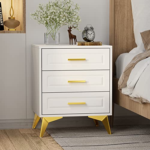Giluta 3 Drawers Nightstand, Modern Bedside Table with Solid Metal Legs & Handles, White Gold Wood Chest of Drawers, Sofa End Side Table for Bedroom Living Room Hallway, 15.75" D x 19.7" W x 24" H