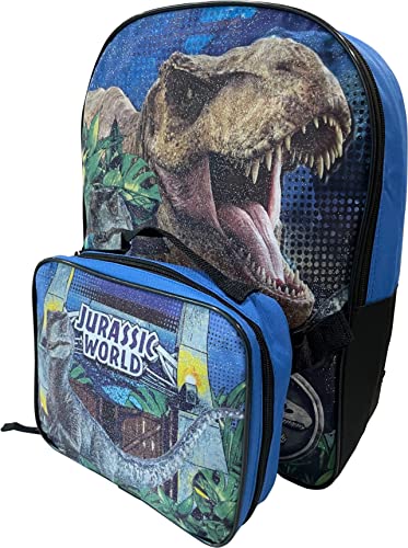 Jurassic World 15 Inch Kids Backpack With Removable Lunch Box Set (Blue-Black)