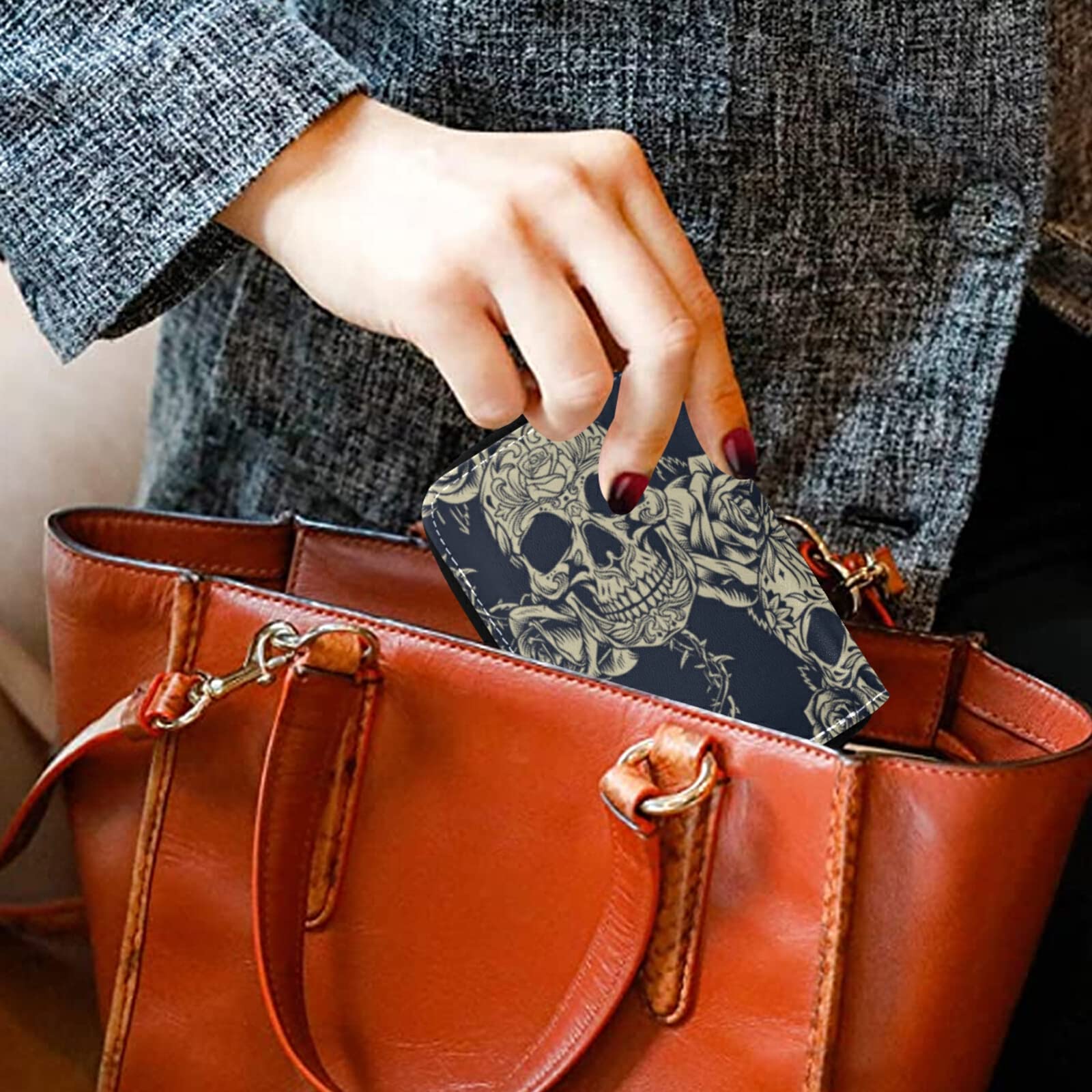Seamless Vintage Sugar Skulls with Roses Flowers on DarkGrey Credit Card Coin wallet, RFID Blocking Compact Women Leather Card Holder, Key Change Organizer, Zipper Purse Clutch Pouch
