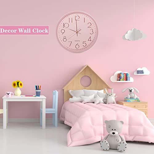 JUSTUP Round Wall Clock, 12 Inch Pink Large Wall Clock for Bedroom, Quality Quartz Modern Silent Clock with Battery Operated, Arabic Quiet Wall Clock Decor for Home Kitchen Living Room Office (Pink)