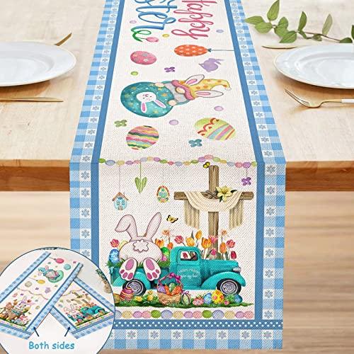 Easter Table Runner, Happy Easter Runner, Easter Bunny Eggs and Gnomes Blue Truck with Tulip Flowers Table Runners 72 Inches Long, Blue Buffalo Plaid Small Coffee Table Cloth for Home Dining Room