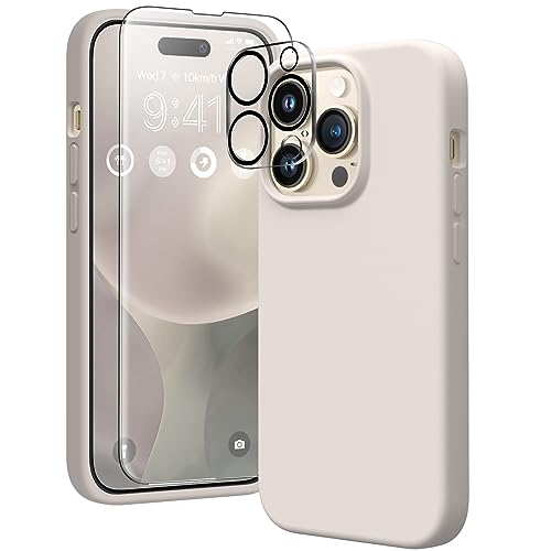 GONEZ for iPhone 14 Pro Case, with 2 Pack Screen Protector + 2 Pack Camera Lens Protector, Soft Anti-Scratch Microfiber Lining, Shockproof Protective Liquid Silicone Phone Cover 6.1'', Stone