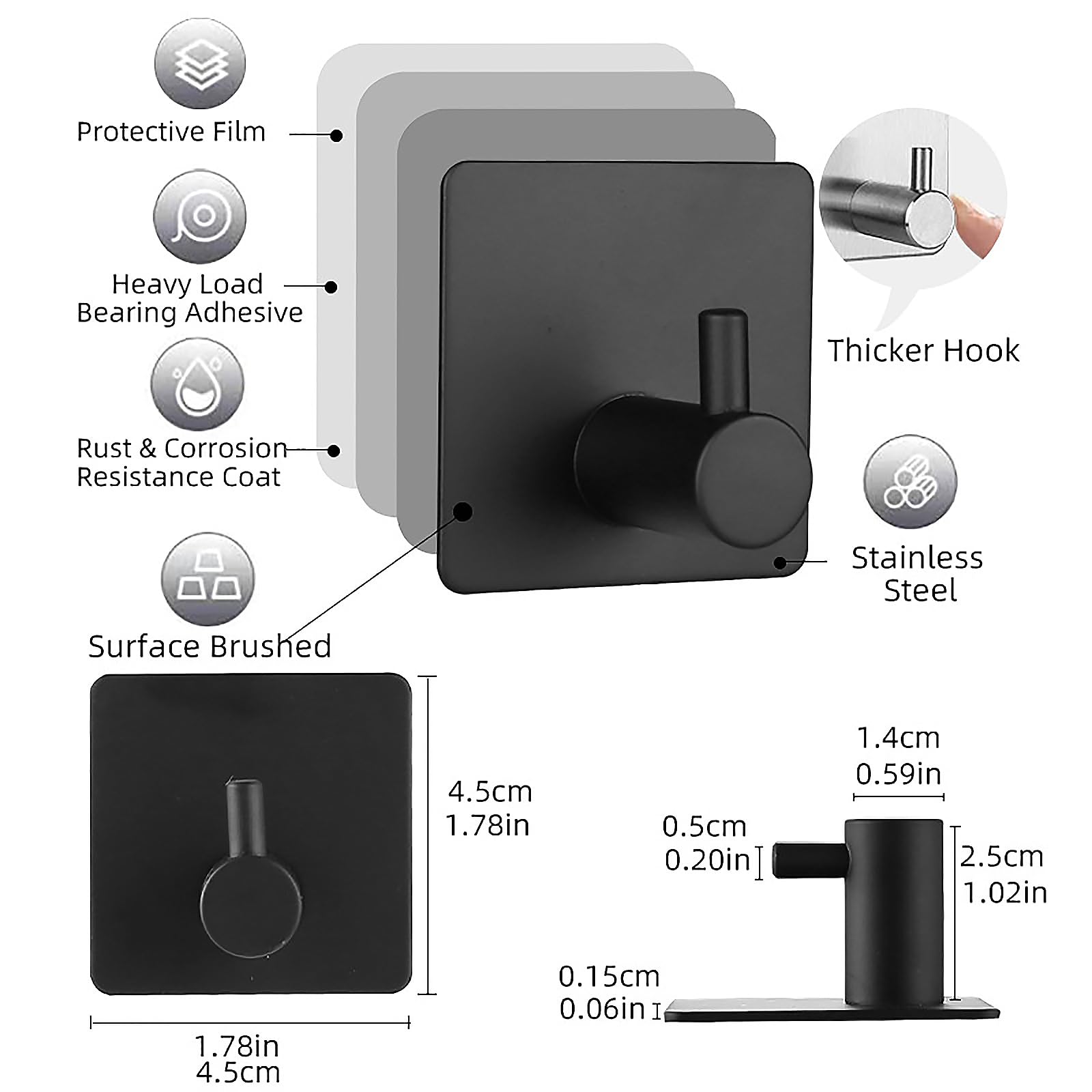 JIUMO Adhesive Towel Hooks Robe Hook 4 Packs Matte Black Stainless Steel Towel Hooks Heavy Duty Coat Hook for Kitchen Bathroom Hotel Door Bedroom